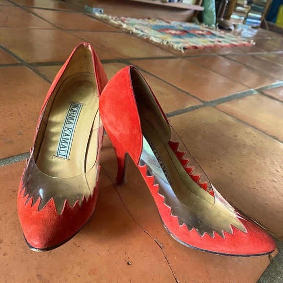 Vintage | Shoes | Vintage 5s Style Orange Red Suede Plastic Heels ...
